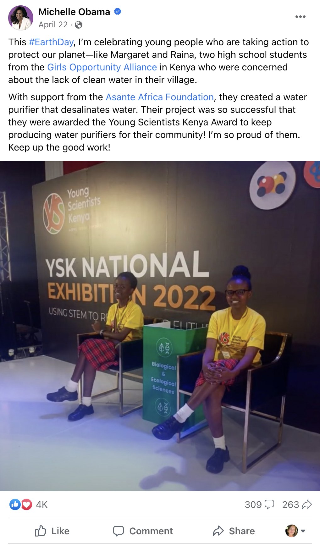 Earth Day Recognition From Michelle Obama - Asante Africa Foundation